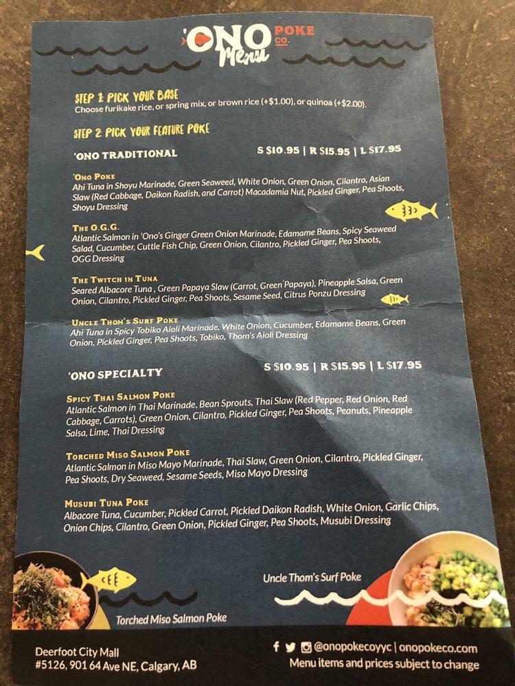 Menu at 'Ono Poke Co. restaurant, Calgary