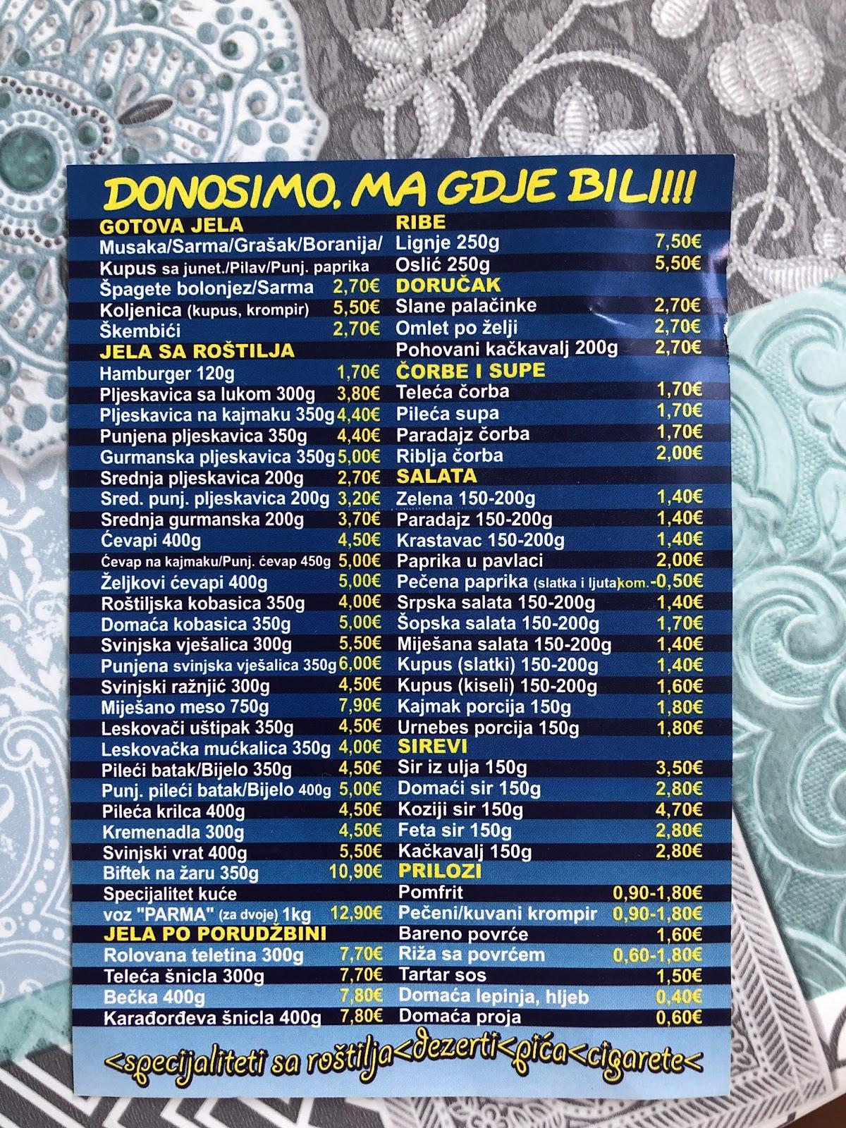 Menu at Parma restaurant, Budva, 7RVV+PJR