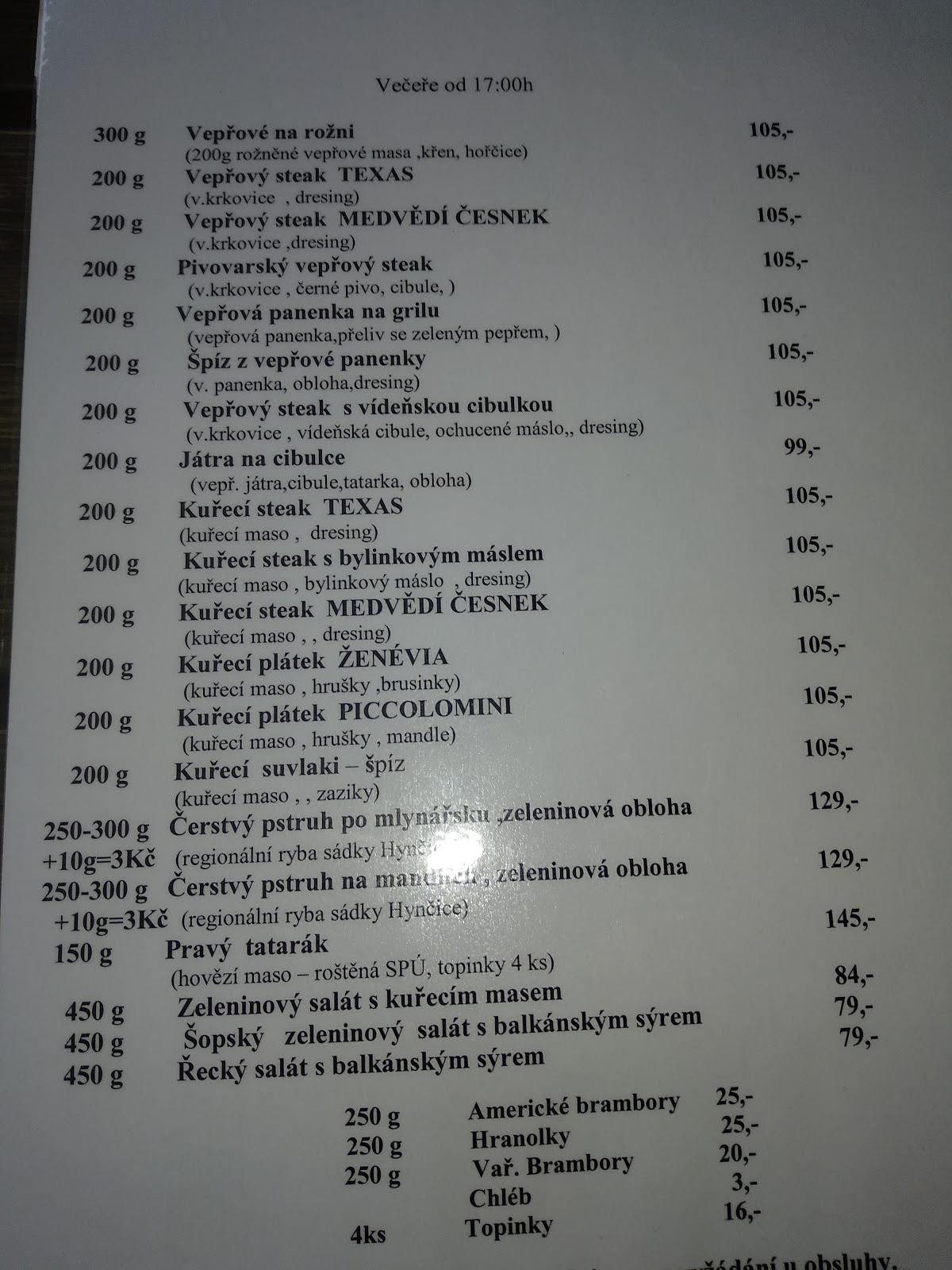 Menu at Restaurace Bašta restaurant, Hronov