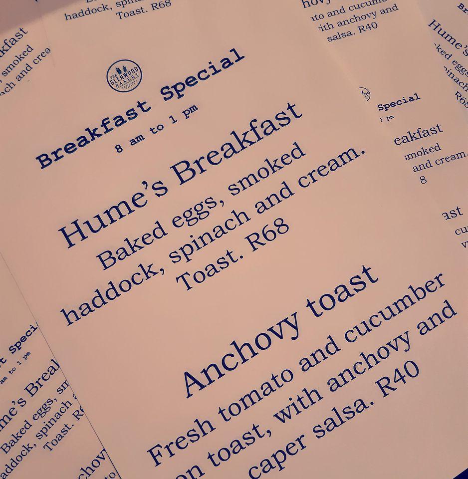 Menu at The Glenwood Bakery, Durban