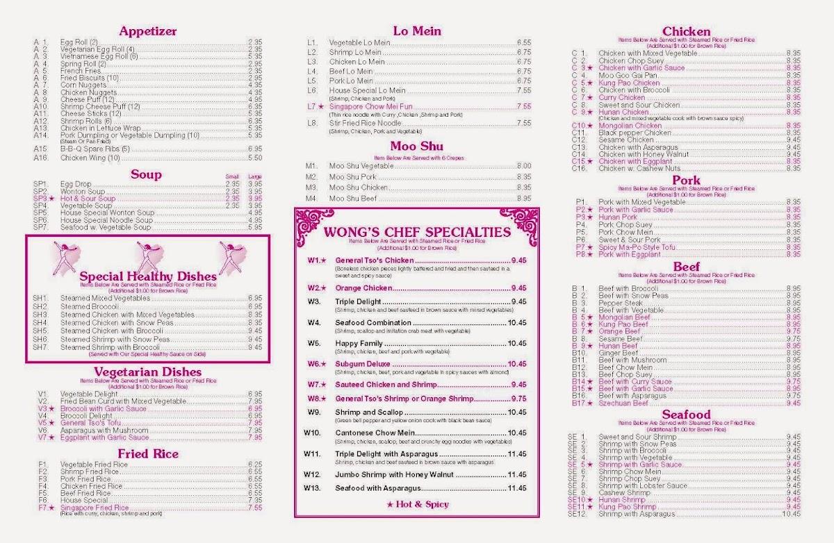 Menu at Wongs Chef restaurant, Seabrook