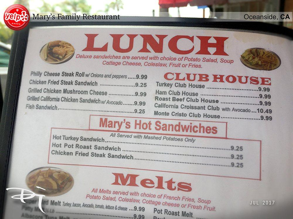 Menu at Mary's Family Restaurant, Oceanside