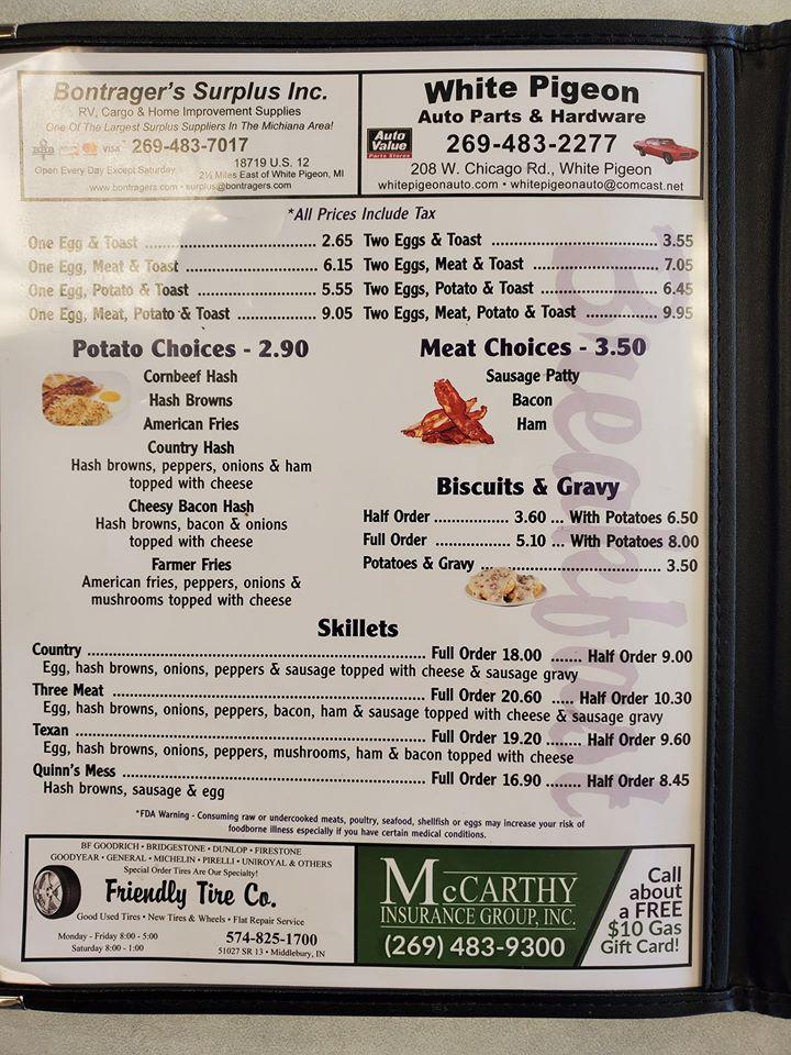 Menu at Rachaels cafe, White Pigeon