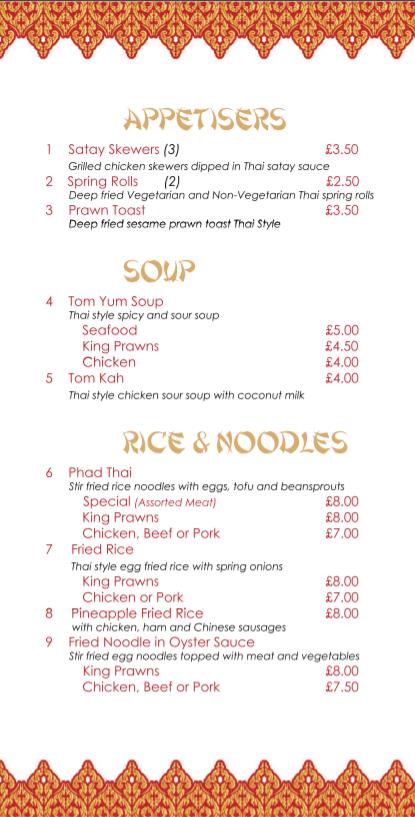 Menu at The Golden Elephant restaurant, Belfast