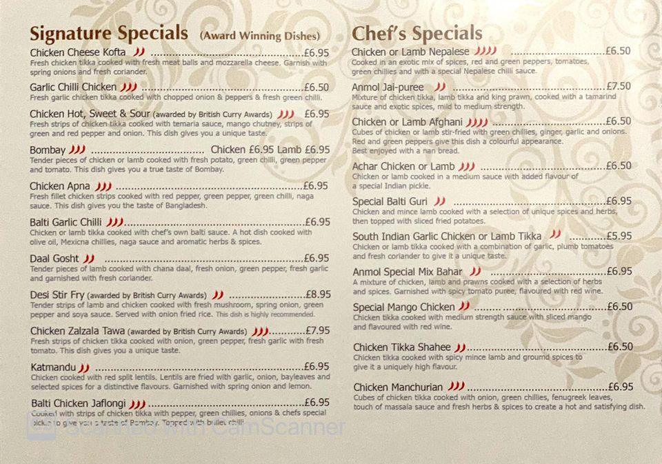 Menu at Anmol Indian Restaurant, Warrington, 62 Warrington Rd