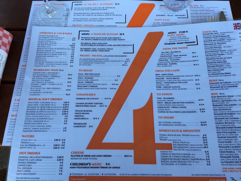 Menu au Brasserie a 4 Temps restaurant, Carcassonne