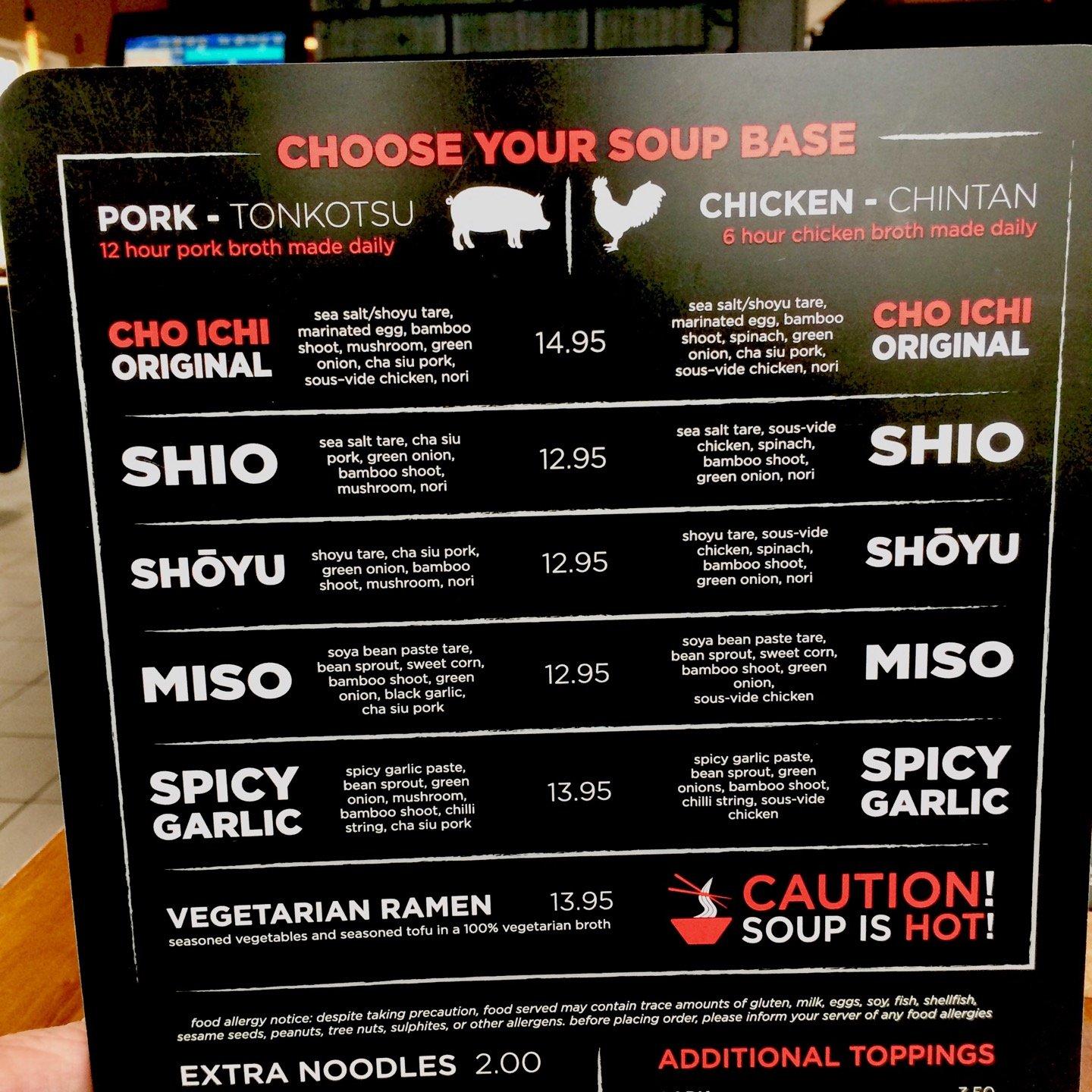 Menu at Cho Ichi Ramen restaurant, Winnipeg