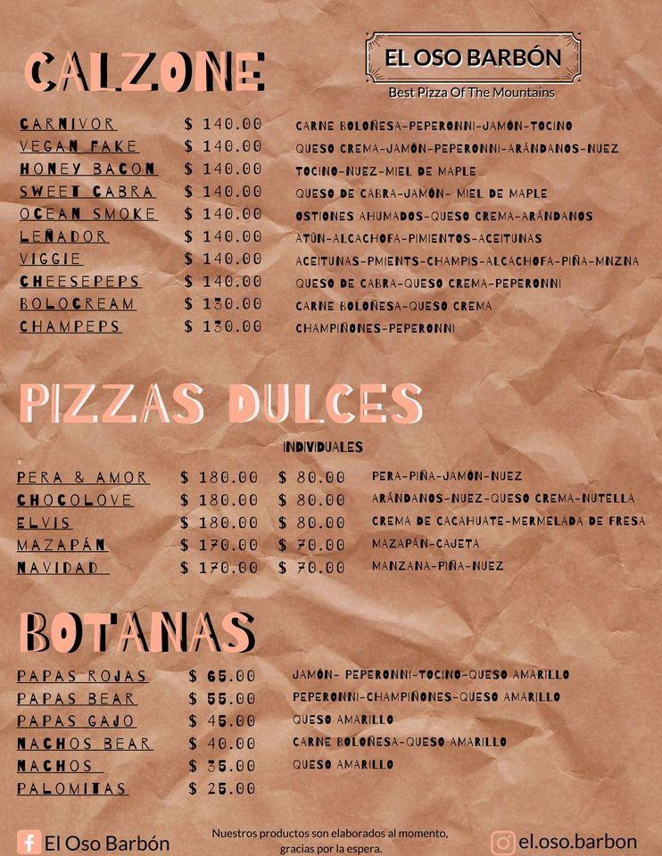 Menu at El Oso Barbón, Atzalán