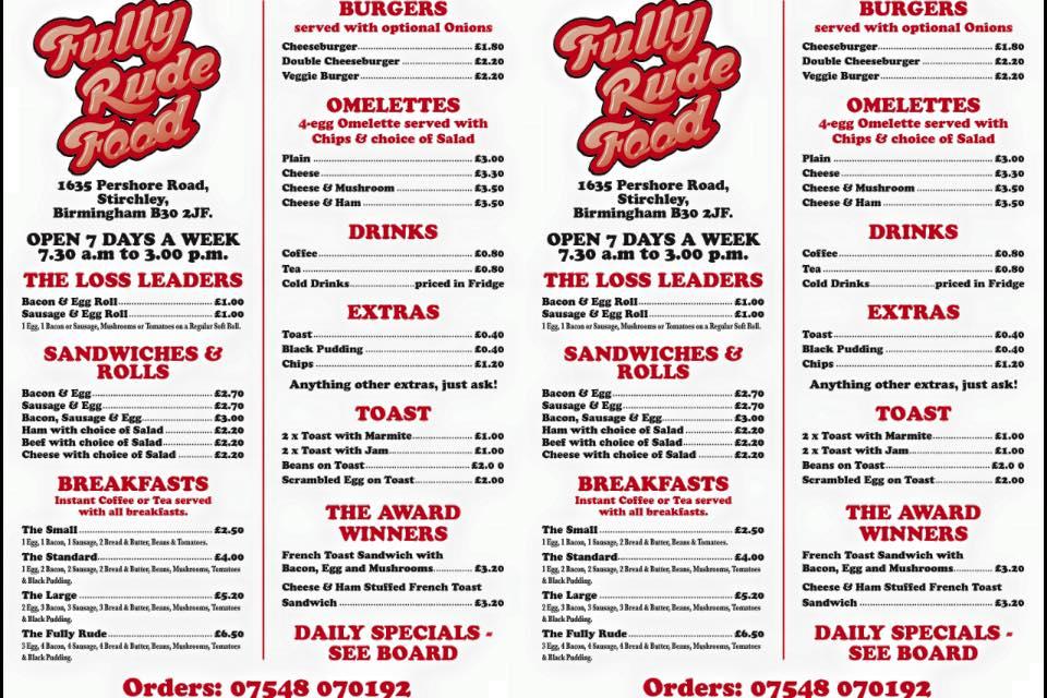 Menu at Fully rude food restaurant, Birmingham