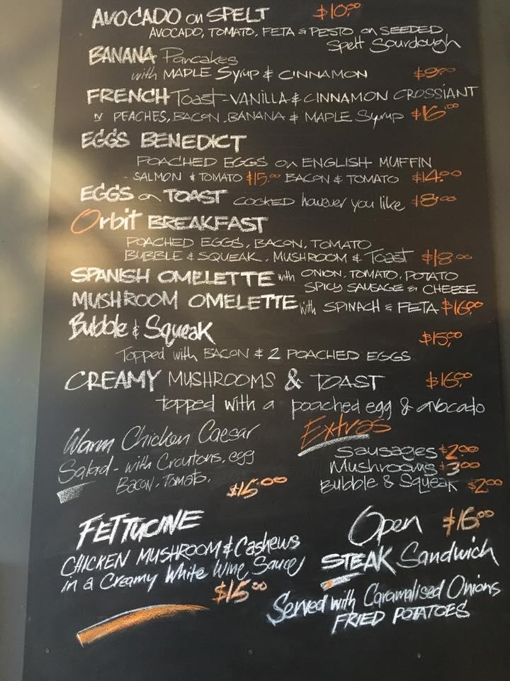 Menu at Orbit Cafe, Napier, 36 Gloucester St