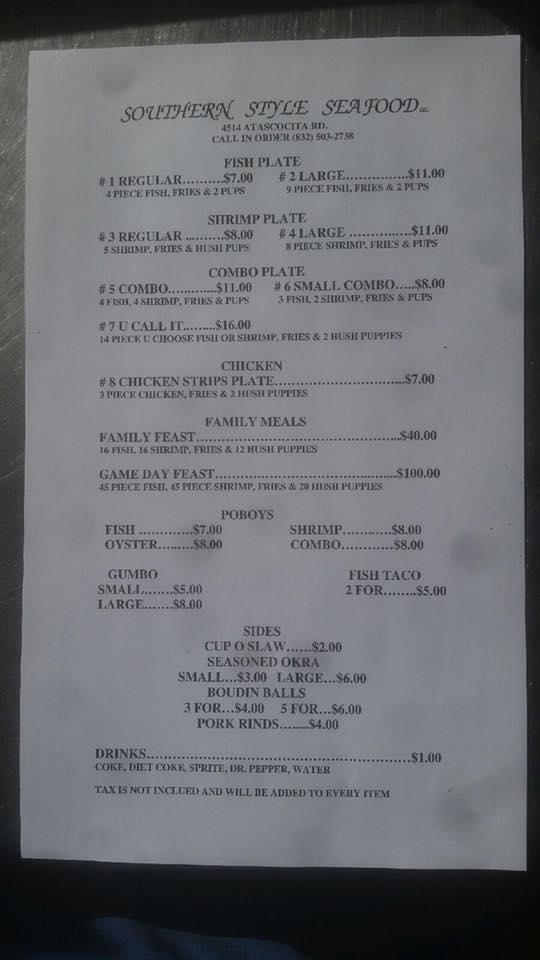 Menu at Southern Style Seafood restaurant, Humble