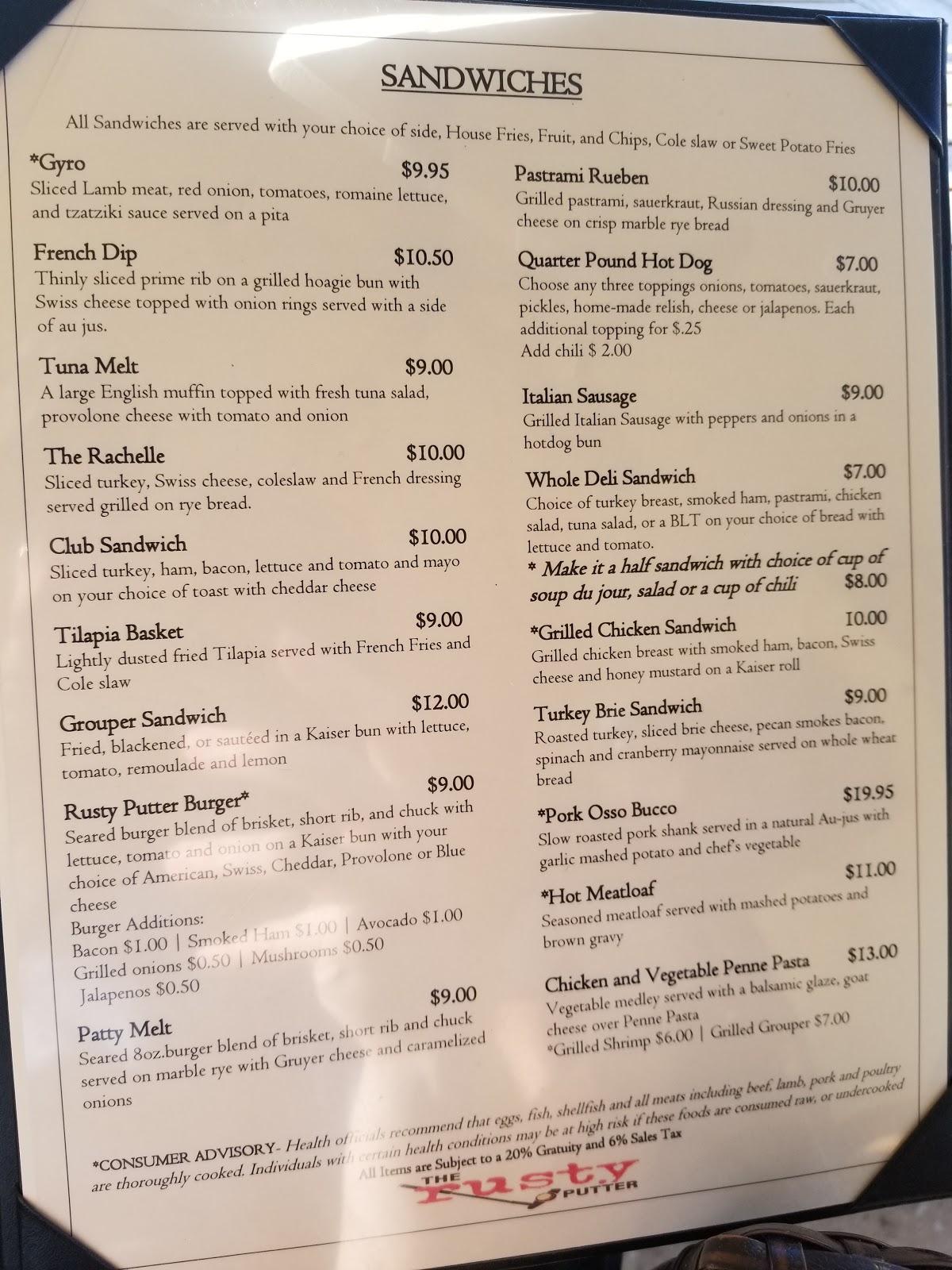 Menu at The Rusty Putter restaurant, Ave Maria