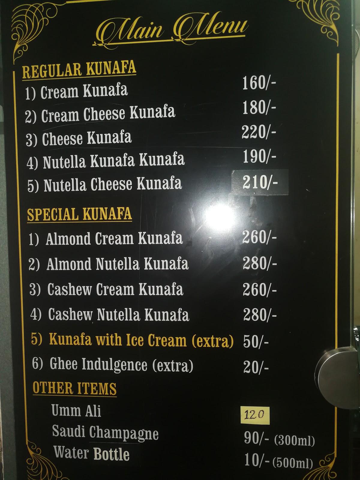 Menu at The Kunafa Station, Hyderabad, Old Mumbai Hwy