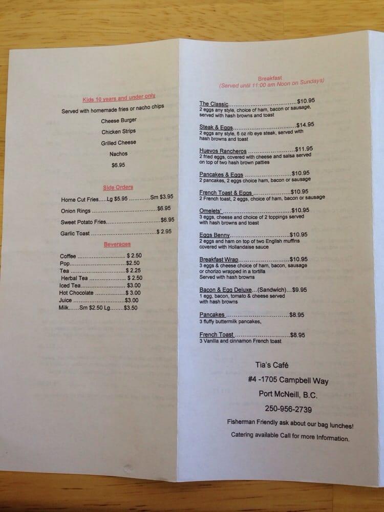Menu at Tia's Café, Port McNeill, Campbell Way
