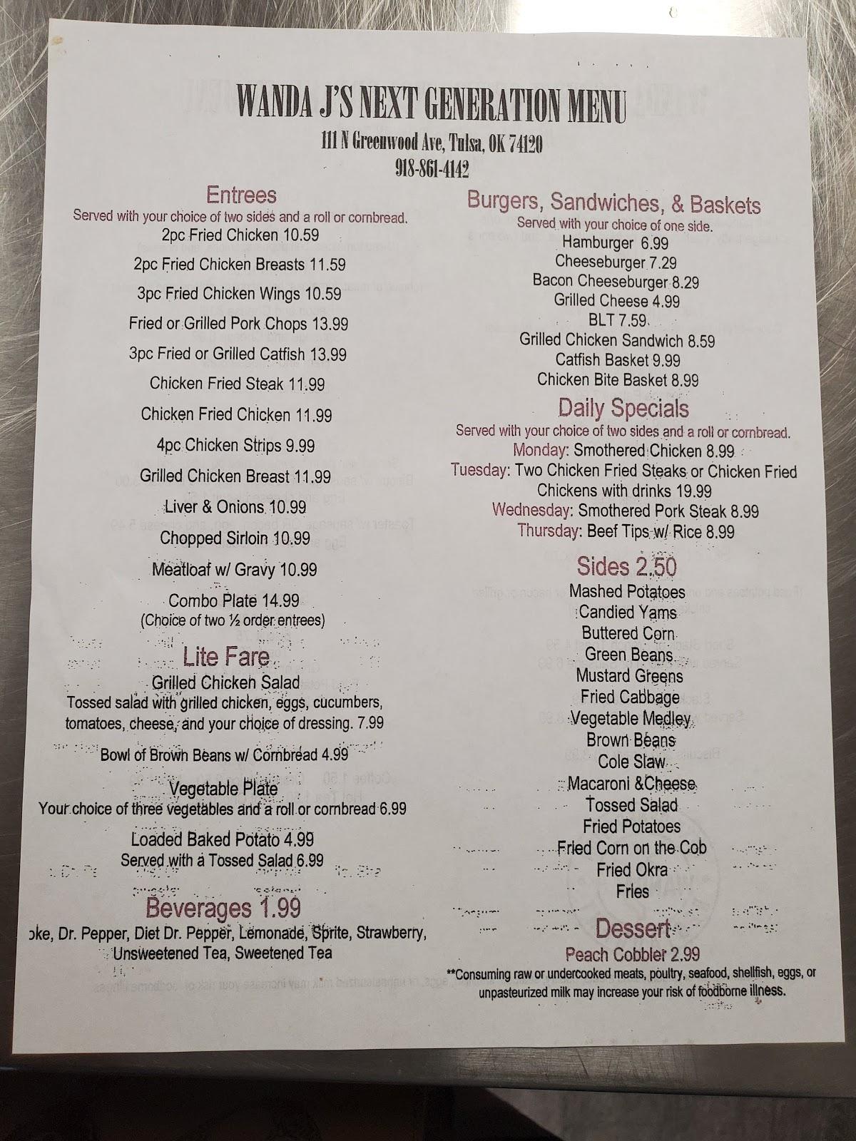 Menu at Wanda J's Next Generation Restaurant, Tulsa