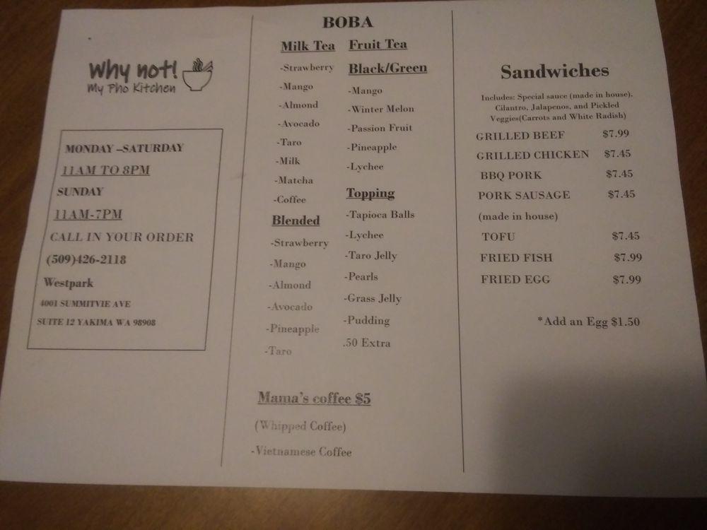 Menu at Why Not My Thai Kitchen restaurant, Yakima
