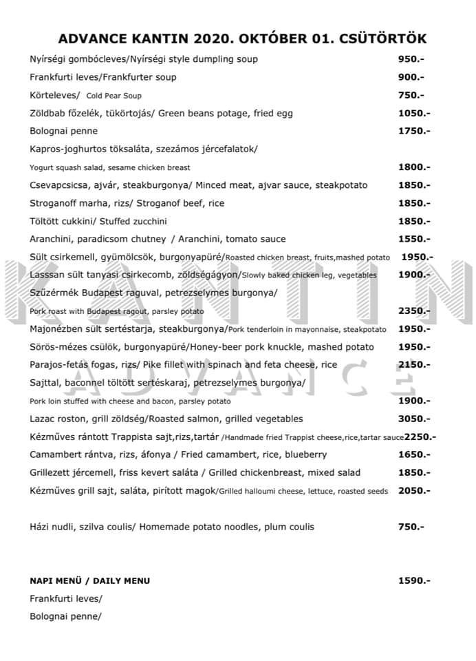 Menu at Advance Kantin restaurant, Budapest