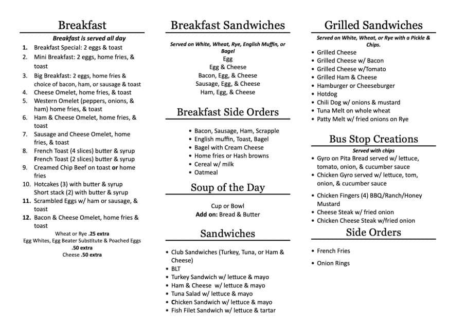 Menu at Bus Stop Cafe, Nanticoke