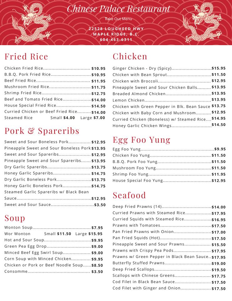 Menu at Chinese Palace Restaurant, Maple Ridge, Lougheed Hwy.