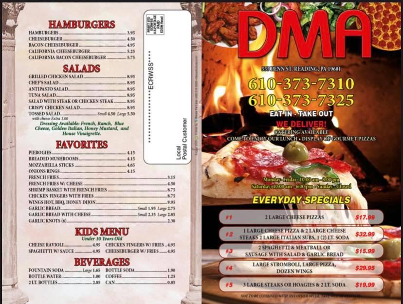 Menu at DMA Pizza pizzeria, Reading, 555 Penn St