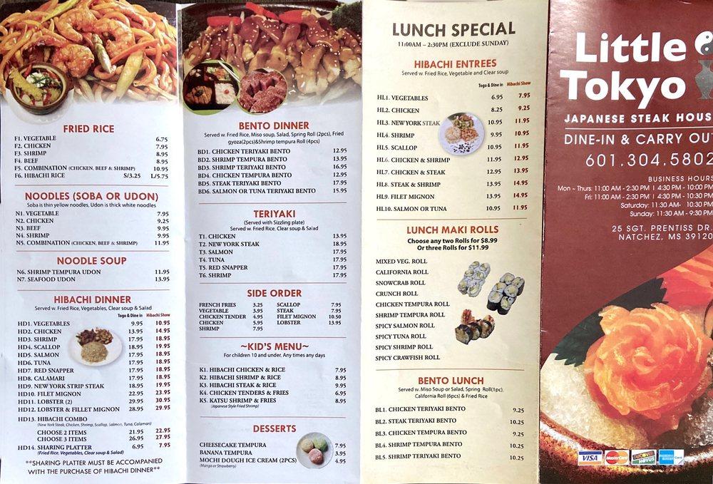 Menu at Little Tokyo restaurant, Natchez, 25 Sergeant Prentiss Dr