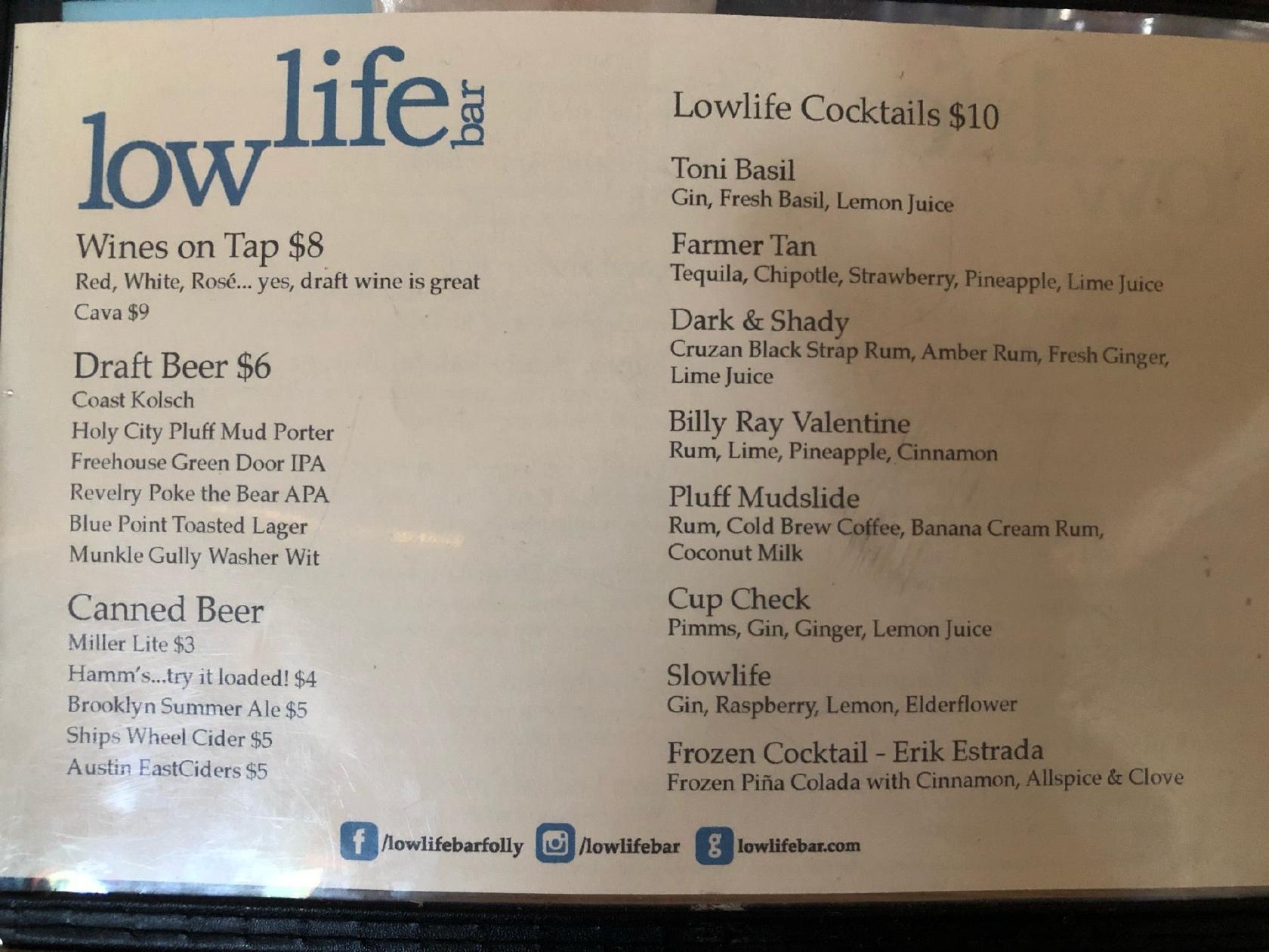 Menu at Lowlife Bar, Folly Beach