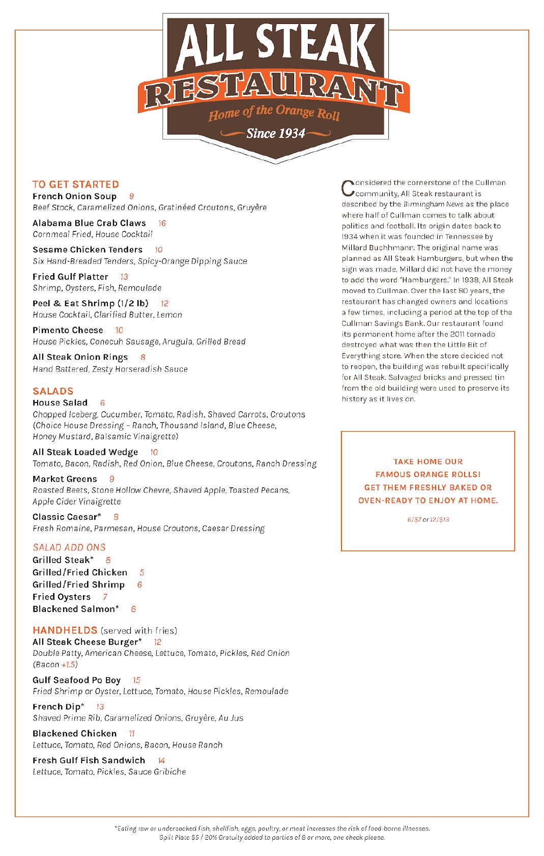 Menu at All Steak Restaurant, Cullman