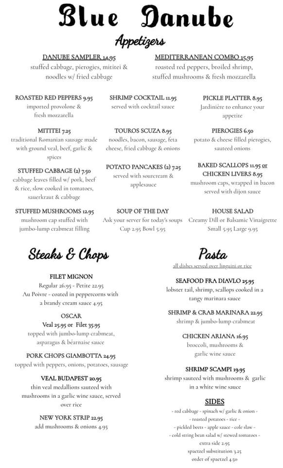 Menu at Blue Danube Restaurant, Trenton