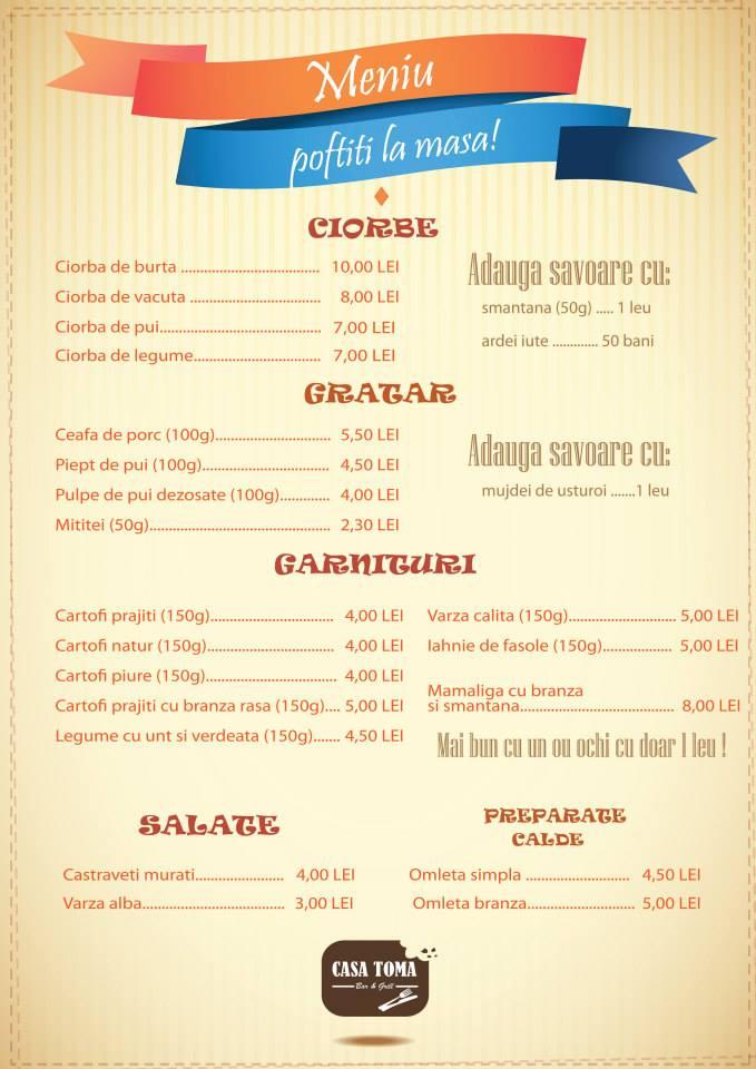 Menu at Casa Toma, Bucharest, Șoseaua Panduri nr. 12