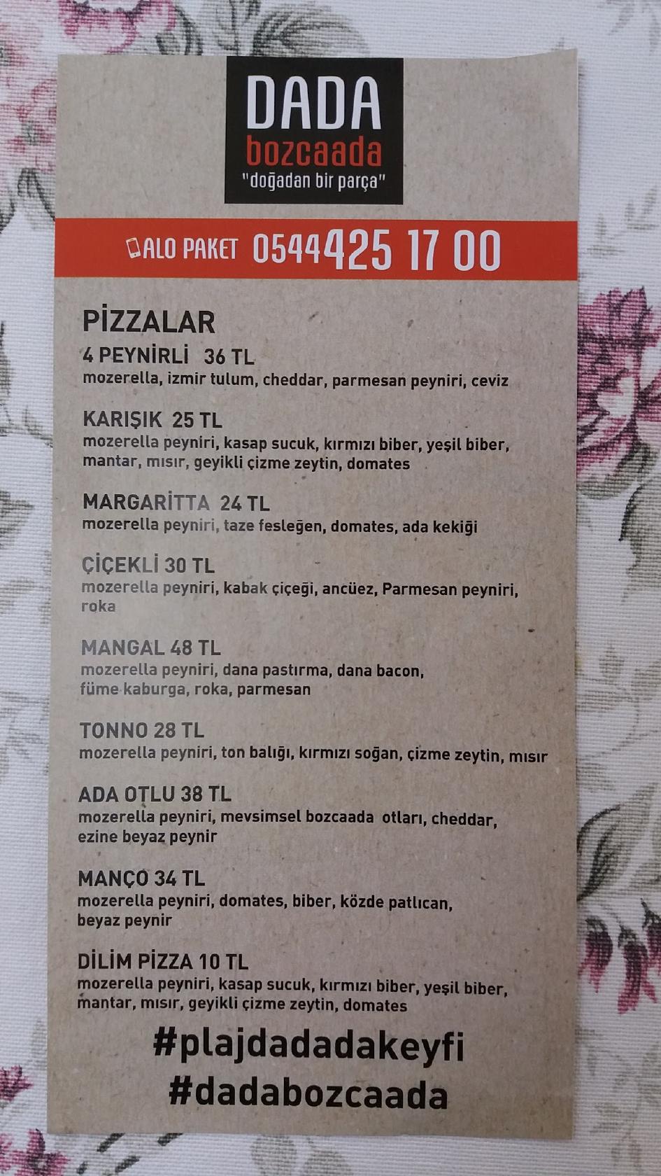 Menu at Dada Pizza Restaurant, Bozcaada