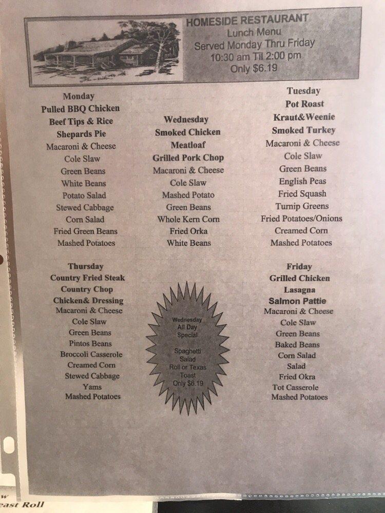 Menu at Homeside Restaurant - Cloverdale Rd., Florence, Cloverdale Rd