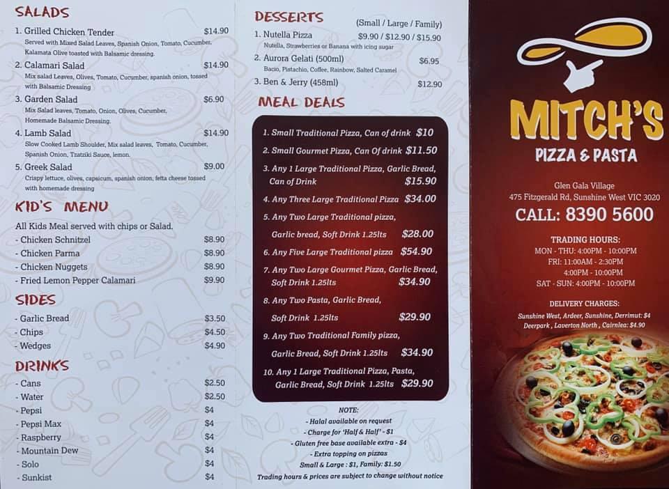 Menu at Mitch's Pizza & Pasta - Sunshine West restaurant, Sunshine West