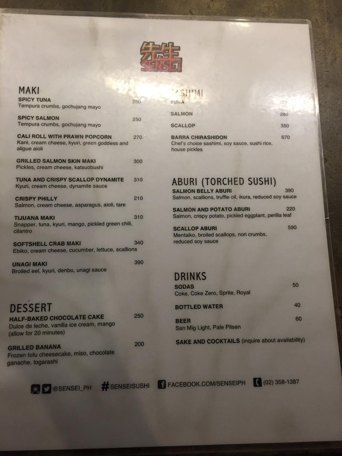 Menu at Sensei restaurant, Parañaque, 181 Aguirre Ave
