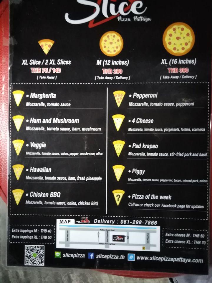 Menu at Slice Pizza restaurant, Pattaya City