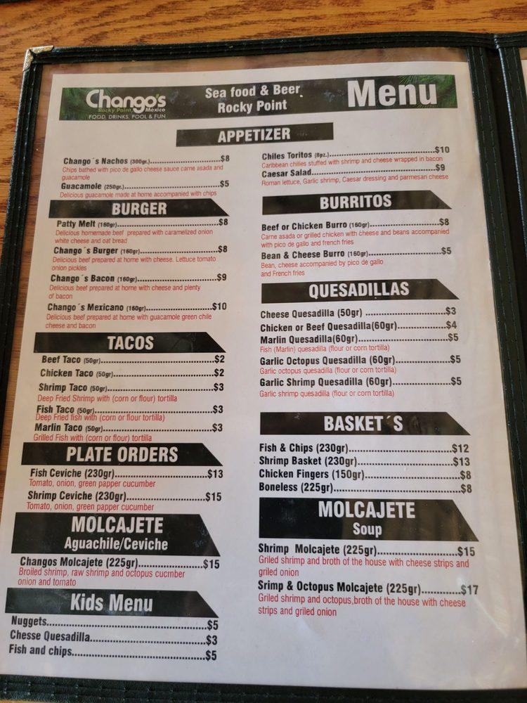 Menu at Chango's Seafood & Beer restaurant, Puerto Peñasco