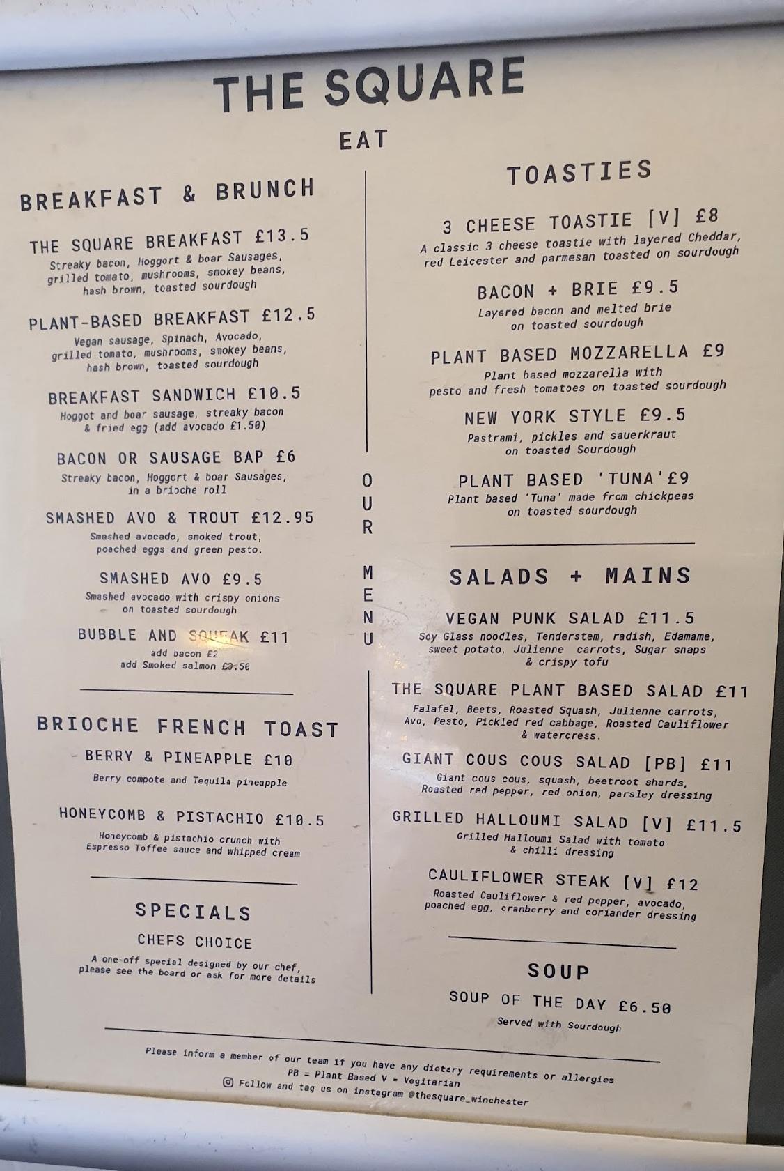 Menu at The Square Winchester cafe, Winchester