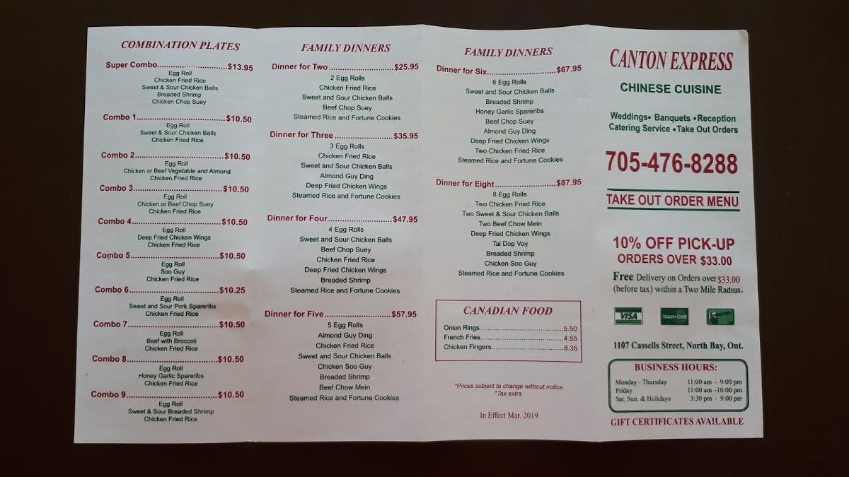 Menu at Canton Express restaurant, North Bay