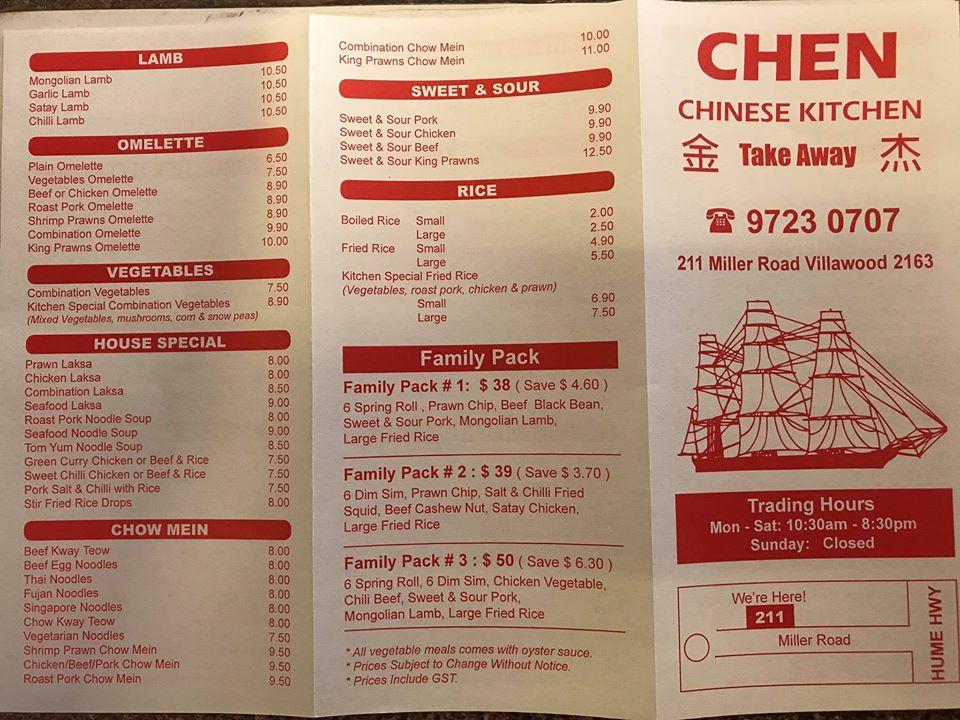 Carta de comida rápida Chen Chinese Kitchen Takeaway, Villawood