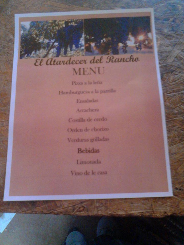 Carta del restaurante El Atardecer del Rancho, Guadaloupe