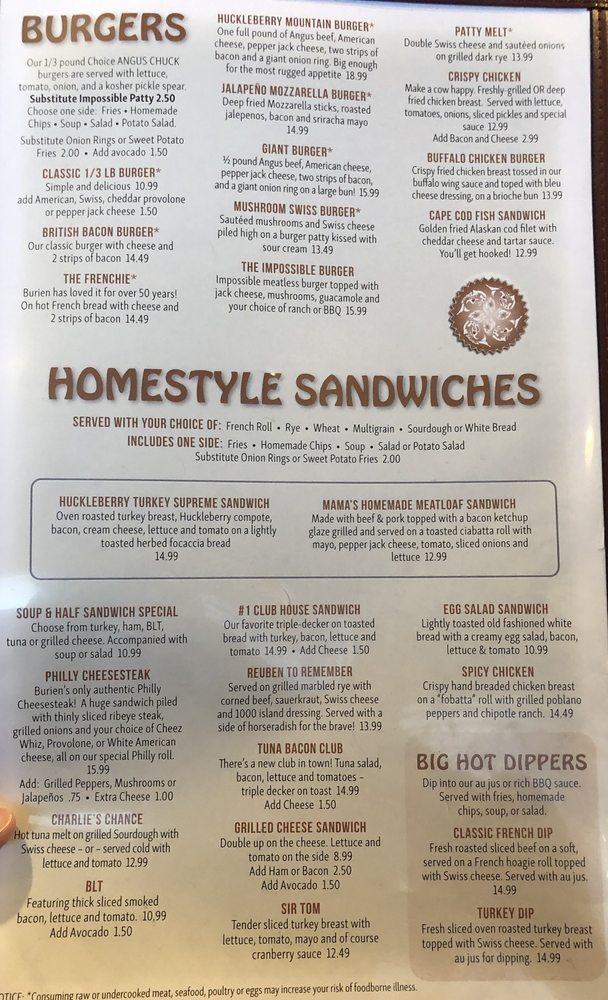 Menu at Huckleberry Square restaurant, Burien