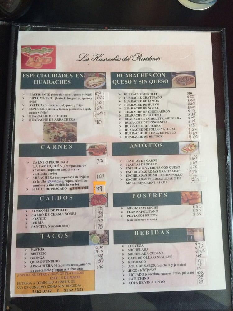Menu at Los huaraches del presidente restaurant, Tlalnepantla de Baz