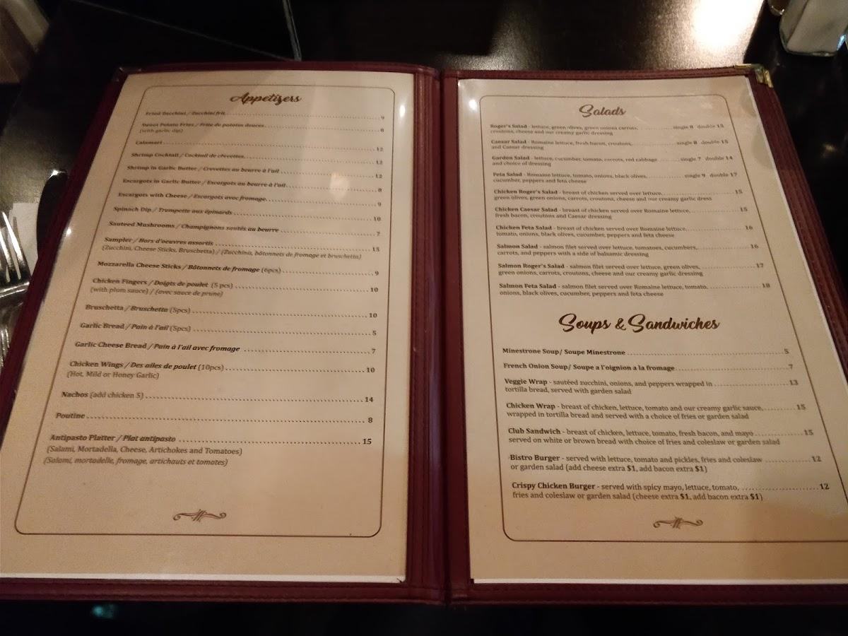 Menu at Roger's Italian Bistro restaurant, Ottawa