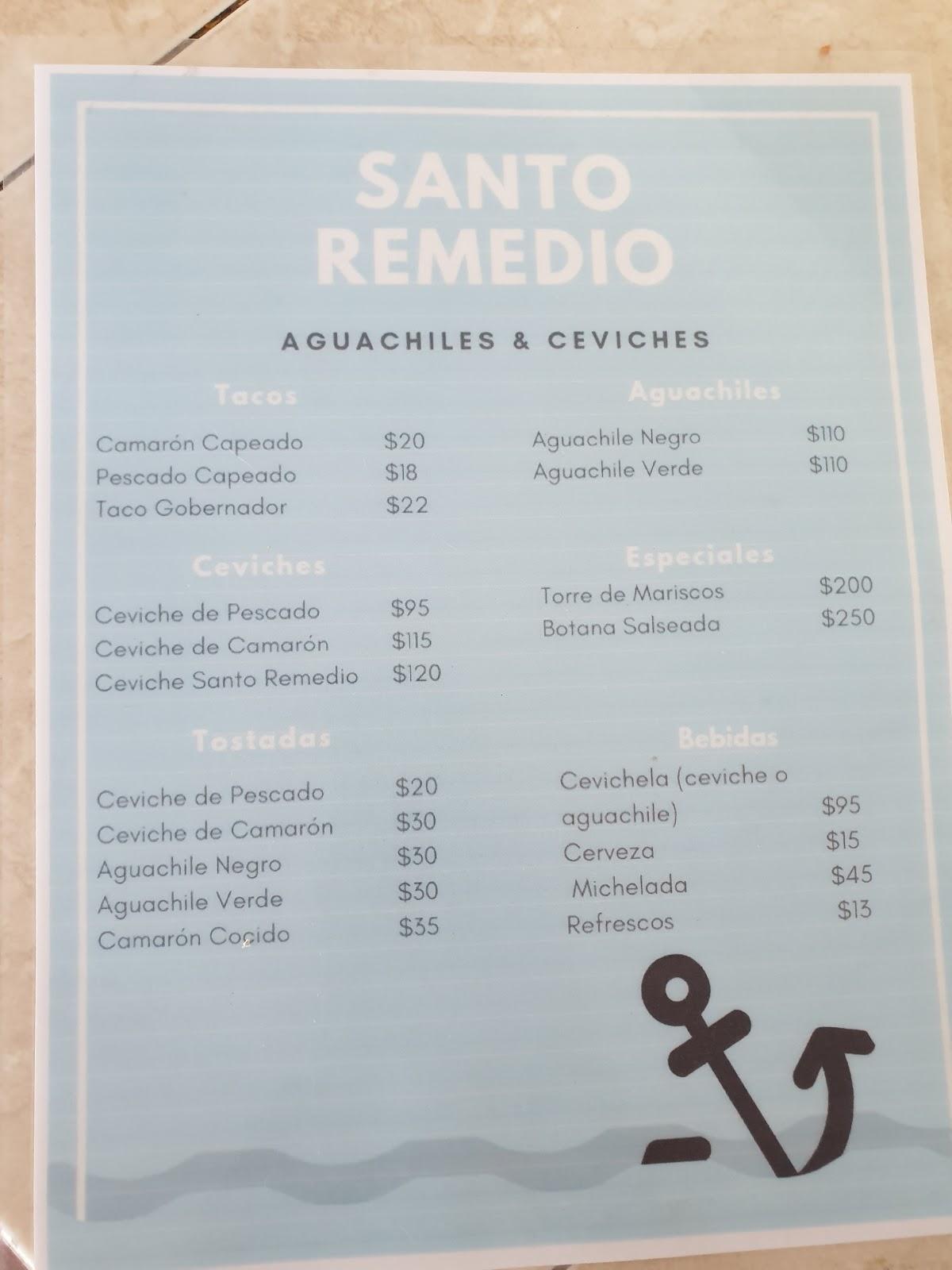 Menu at Santo Remedio restaurant, Tala