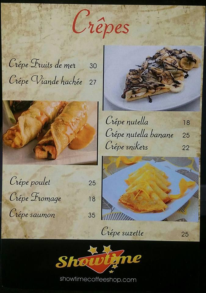 Menu at Showtime coffee Shop cafe, Marrakesh