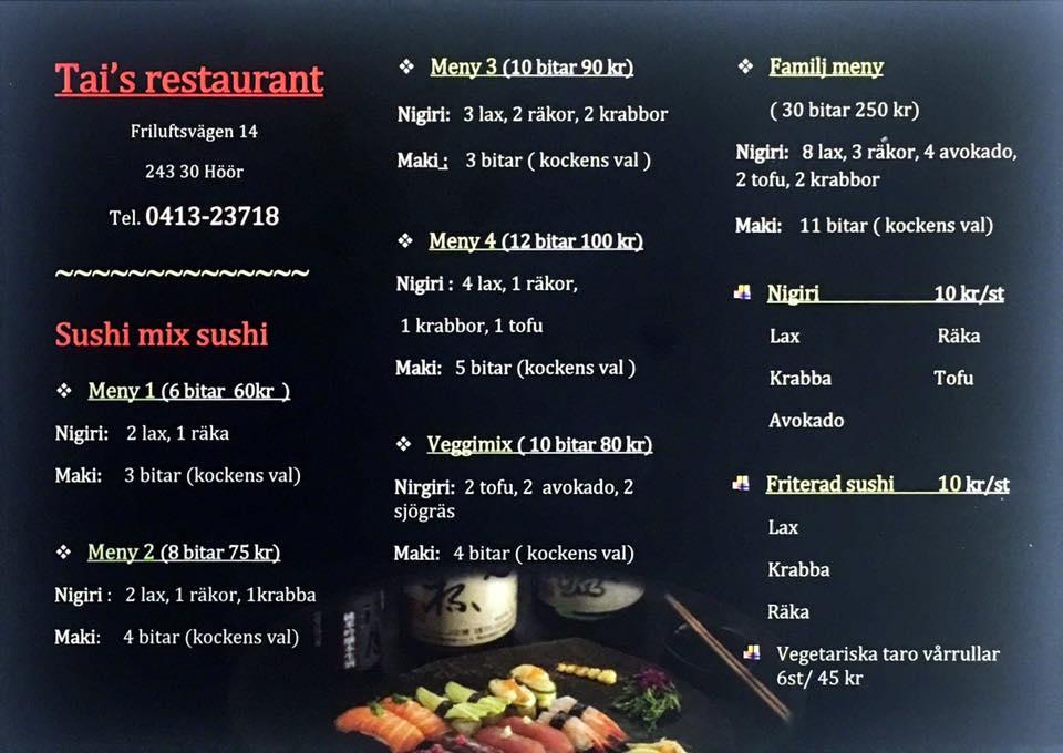 Menu at Tai's restaurant, Höör