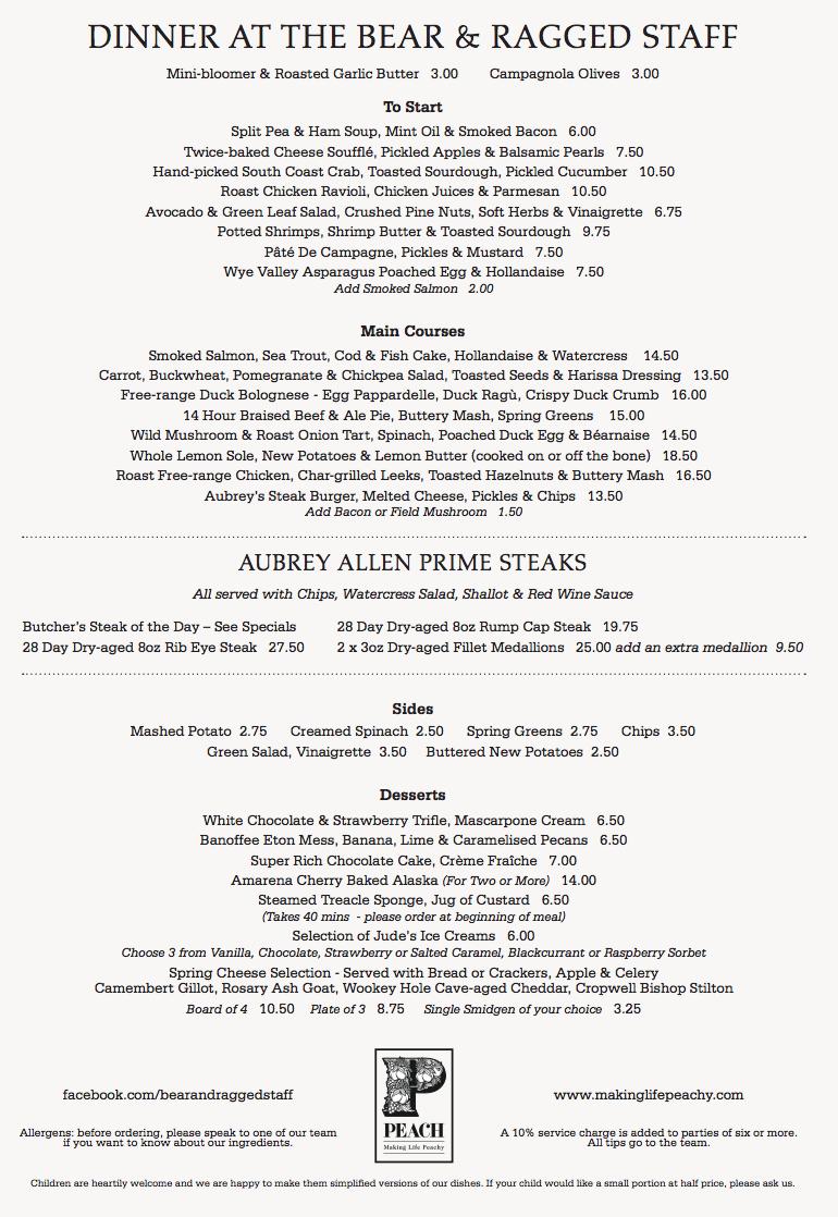 Menu at The Bear & Ragged Staff restaurant, Oxford