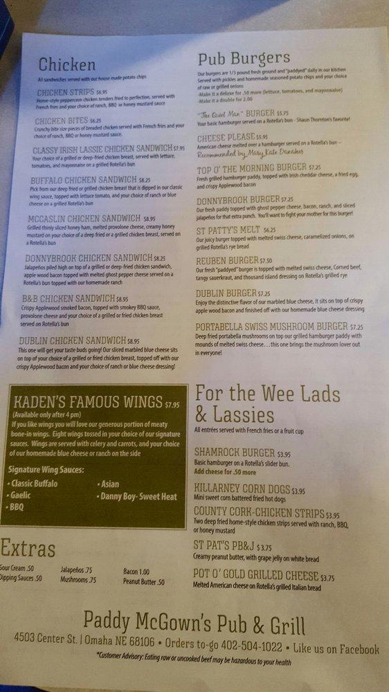 Menu at Paddy McGown's Pub and Grill, Omaha
