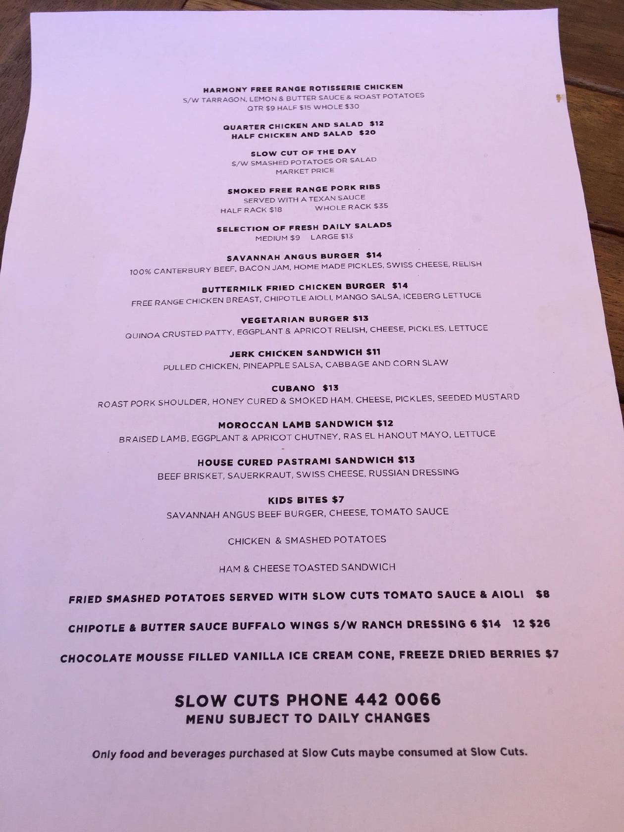Menu at Slow Cuts restaurant, Arrowtown