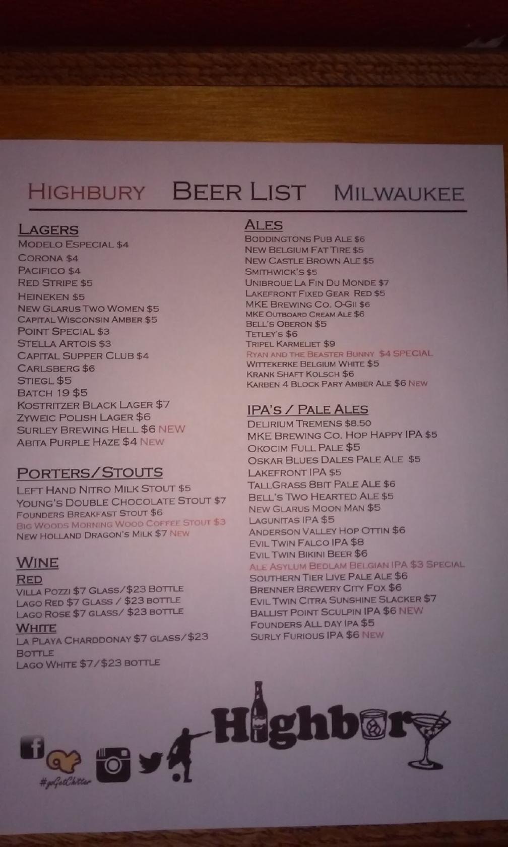 Menu at The Highbury Pub, Milwaukee