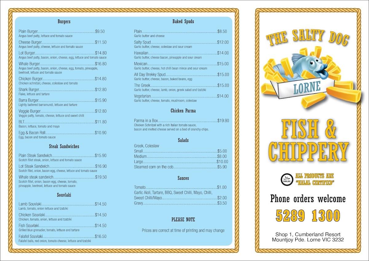 Menu at The Salty Dog Fish & Chippery restaurant, Lorne